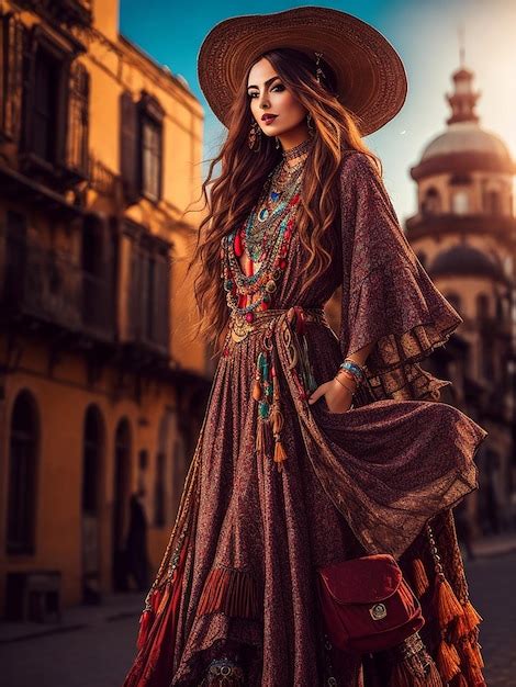 Premium Ai Image Beautiful Woman In Bohemian Dresses And Accessories