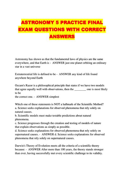 Astronomy 5 Practice Final Exam Questions With Correct Answers Exams Astronomy Docsity
