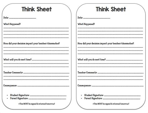 Printable Behavior Reflection Sheet Template
