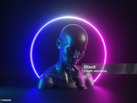 3d 렌더링 인간의 신체 부위와 추상 네온 배경 여성 마네킹 조각 머리 얼굴 손 빛나는 빛 반지 사회적 문제 개인 식별 비판적 사고 명상 혼자 머리에 대한 스톡 사진 및