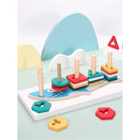 Дървена игра Сортиране на геометрични фигури 5 колони Emag Bg