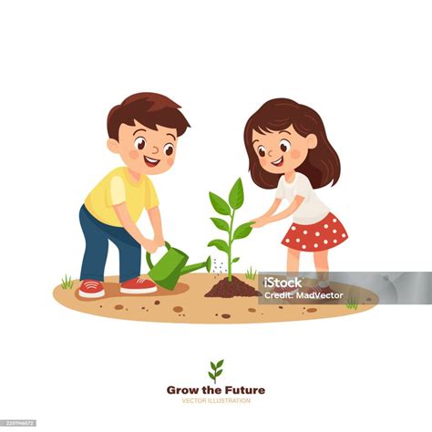 나무를 심고 물을 주는 행복한 아이들 환경 친화적 인 아이들은 원예 자연 보호 지속 가능성에 종사했습니다 녹색 에너지 생태학 환경을 위한 디자인 템플릿 벡터 일러스트 레이