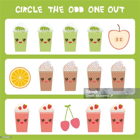 시각적 논리 원 이상 한 퍼즐 귀여운 화려한 애플 커피 스무디 오렌지 분홍색 뺨 및 윙크 눈 흰색 바탕에 파스텔 색상 체리 벡터