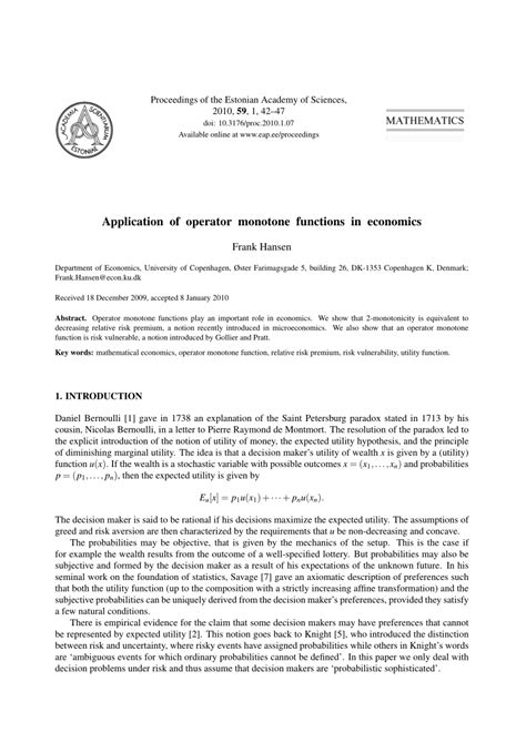 PDF Application Of Operator Monotone Functions In Economics