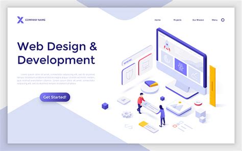 컴퓨터와 사람들이 웹사이트 인터페이스를 구축하는 랜딩 페이지 템플릿입니다 웹 디자인 및 개발의 개념 사이트 빌더 온라인 도구 또는 서비스 웹 페이지에 대 한 현대