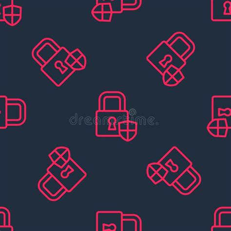 Red Line Shield Security With Lock Icon Isolated Seamless Pattern On Black Background