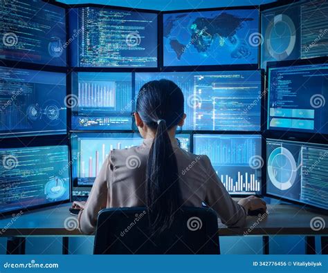 Person Coding On Multiple Screens With Data Analysis Stock Illustration Illustration Of Desk