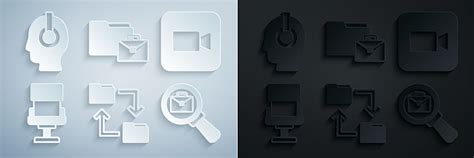 클라우드 스토리지 문서 폴더 카메라 사무실 의자 서류 가방이 있는 돋보기 온라인 작업 및 프리랜서 아이콘을 설정합니다 벡터 3차원 형태에 대한 스톡 벡터 아트 및 기타