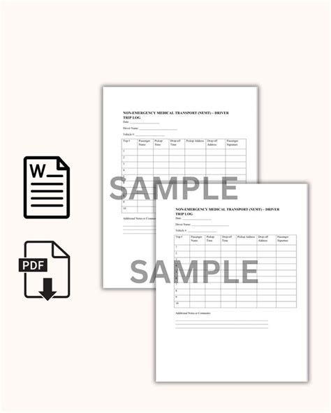 Nemt Driver Trip Log Template Printable Daily Transportation Log Sheet For Medical Transport