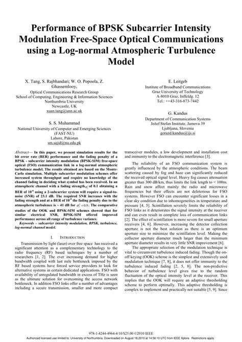 Pdf Performance Of Bpsk Subcarrier Intensity Modulation Free Space Optical Communications
