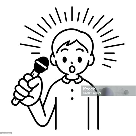마이크를 들고 시청자를 바라보는 소년 미니멀리스트 스타일 흑백 윤곽선 마이크에 대한 스톡 벡터 아트 및 기타 이미지 마이크