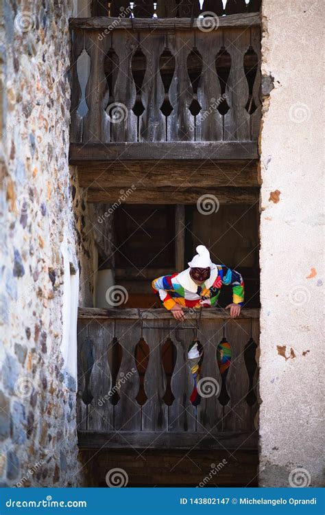 The Mask Of Arlecchino Look From The Wooden Terrace Stock Image Image Of Wooden Traditional