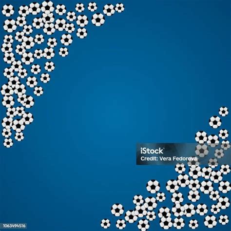 비행 축구 공 색종이 코너 프레임 텍스트 위한 공간을 가진 파란 배경에 축구 기호입니다 스포츠 대회 개념입니다 카드 배너 포스터에 대 한 벡터 템플릿입니다