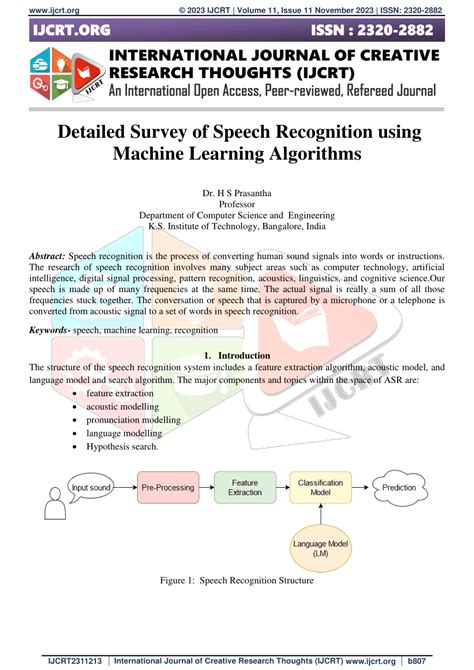 Pdf Detailed Survey Of Speech Recognition Using Machine Learning Algorithms