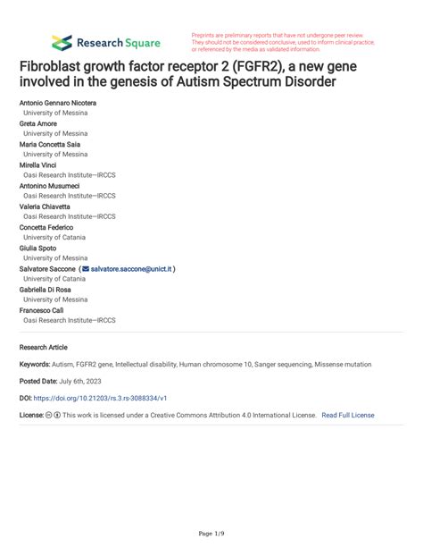 Pdf Fibroblast Growth Factor Receptor 2 Fgfr2 A New Gene Involved In The Genesis Of Autism