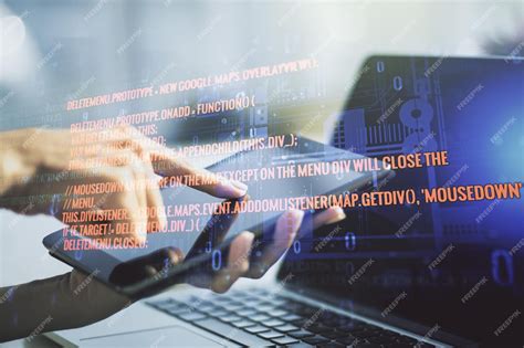 Premium Photo Abstract Creative Coding Illustration With Finger Clicks On A Digital Tablet On