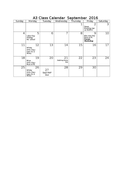 A3 Class Calendar September 2016 Pdf Art