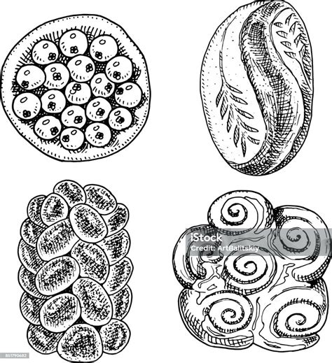 빵과 빵 도넛 과일 파이입니다 컵 케 익과 달콤한 롤빵 또는 긴 로프 및 케이크 레이블 및 메뉴 베이커리가 게에 대 한 오래 된 스케치와 빈티지 스타일에 새겨진된 핸드