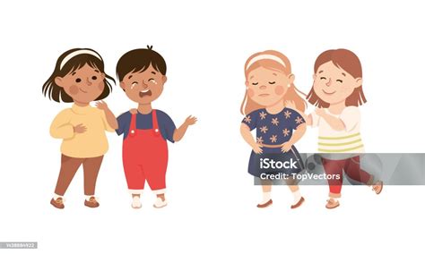 어린 아이 지원 하 고 위로 슬픈 친구 벡터 일러스트 레이 션 세트 감정에 대한 스톡 벡터 아트 및 기타 이미지 감정 격려