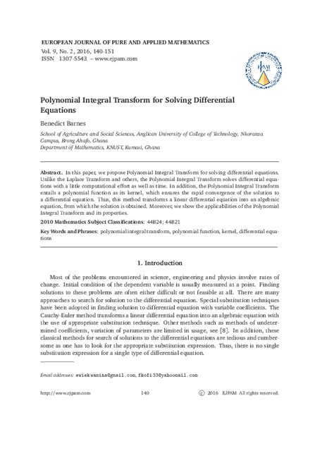 Pdf Polynomial Integral Transform For Solving Differential Equations