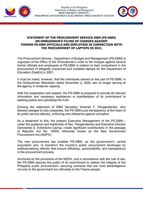 STATEMENT OF THE PROCUREMENT SERVICE DBM PS DBM ON OMBUDSMAN S FILING OF CHARGES AGAINST