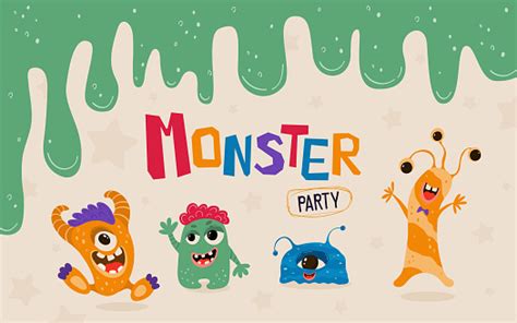 만화 스타일의 괴물과 귀여운 아이 배너 재미있는 캐릭터와 파티 초대 템플릿 휴일 생일을 위한 인사말 카드 벡터 일러스트레이션 생일에 대한 스톡 벡터 아트 및 기타 이미지