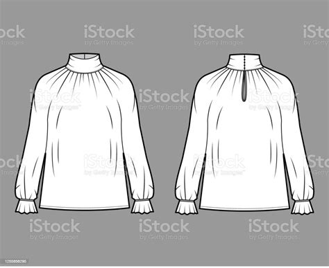 터틀넥 블라우스 테크니컬 패션 일러스트와 긴 소매 플러플 프럼프 오버사이즈 바디 0명에 대한 스톡 벡터 아트 및 기타 이미지