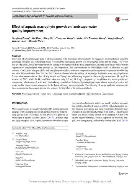 Effect Of Aquatic Macrophyte Growth On Landscape Water Quality