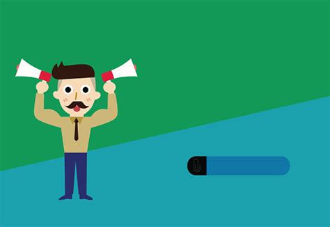 Esp에 대 한 평면 디자인 비즈니스 벡터 일러스트 레이 션 개념 빈 복사 텍스트 웹 배너 홍보 자료 서식 파일을 모의 수염 남자 넥타이와 무기를 들고 두 확성기 옆으로