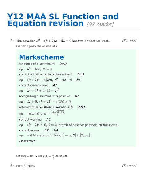 Y12 Maa Sl Functions And Equations Revision Markscheme Y12 Maa Sl Function And Equation