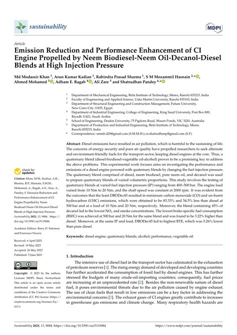 Pdf Emission Reduction And Performance Enhancement Of Ci Engine Propelled By Neem Biodiesel