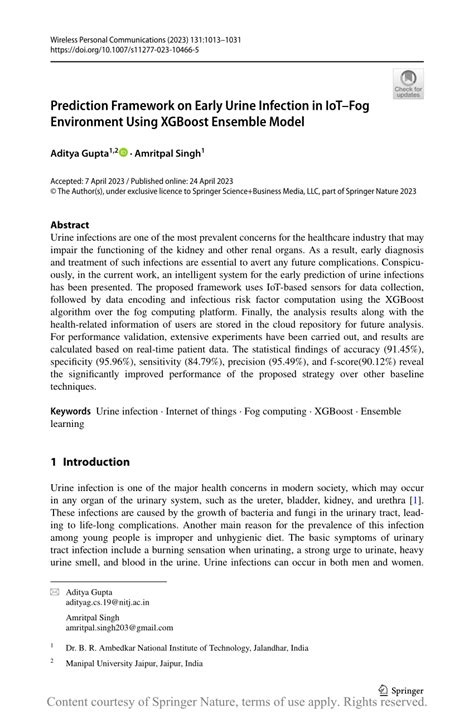Prediction Framework On Early Urine Infection In Iotfog Environment