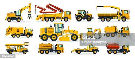 건설 장비에의 집합입니다 굴 착 기 트랙터 콘크리트 펌프 크레인 쓰레기 트럭 학년 연료 트럭 견인 트럭 서비스 차량입니다 벡터 일러스트 레이 션 전기 모터에 대한 스톡 벡터