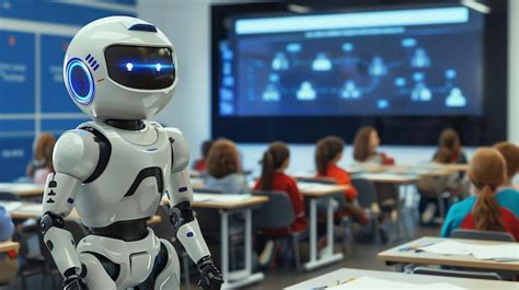 Premium Photo A Humanoid Robot Teacher Standing In Front Of A