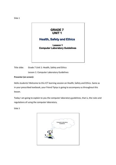 Pdf Computer Laboratory Guidelines Health Safety And Ethics 1 1 1 · Unit 1 Lesson 1