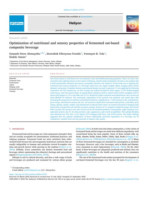 Pdf Optimization Of Nutritional And Sensory Properties Of Fermented Oat Based Composite Beverage