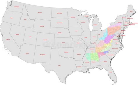 Us State Map With Appalachian Region Of 423 Counties Of 13 States Stock
