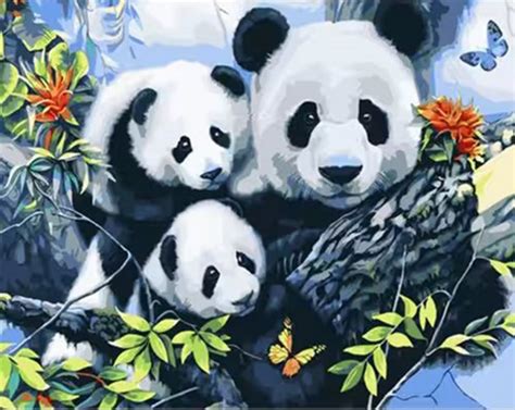 Набір для розпису по номерах Strateg Три панди на кольоровому фоні 40х50 см Mz059