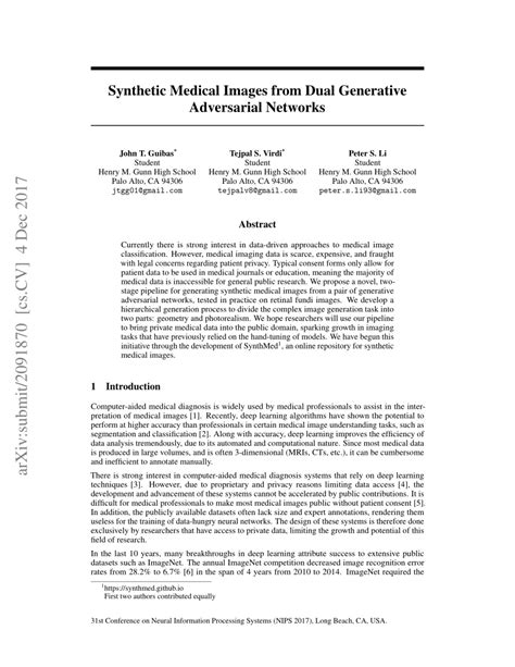PDF Synthetic Medical Images From Dual Generative Adversarial Networks