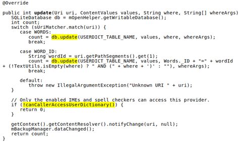 update function of userdictionaryprovider class unauthorized access