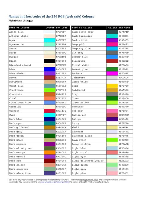 Names And Hex Codes Of The 256 Rgb Web Safe Colours