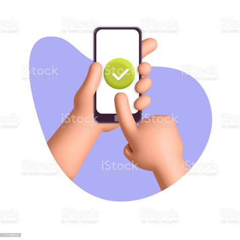 보라색 추상 모양 디자인 일러스트레이션에 녹색 체크 마크 모바일 응용 프로그램과 함께 세포를 들고 3d 벡터 손 3차원 형태에 대한 스톡 벡터 아트 및 기타 이미지 Istock