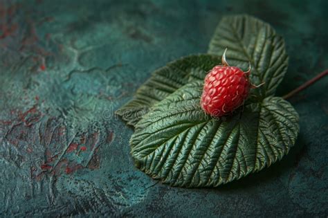 Close Up Of A Raspberry On A Green Leaf Showcasing Its Texture And Vivid Coloration Stock