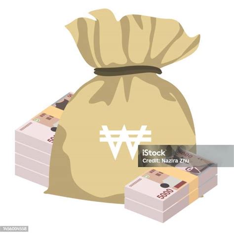 한국 원 벡터 일러스트 레이 션입니다 한국 머니 세트 번들 지폐 머니 백 5000 원 플랫 스타일 흰색 배경에 격리 심플한 미니멀 디자인 0명에 대한 스톡 벡터 아트 및