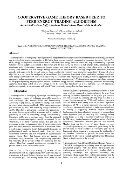 Pdf Cooperative Game Theory Based Peer To Peer Energy Trading Algorithm