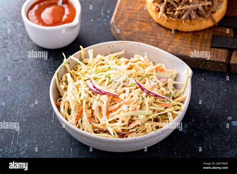 Traditional Cole Slaw Salad Side Dish For Pulled Pork Sandwich Stock
