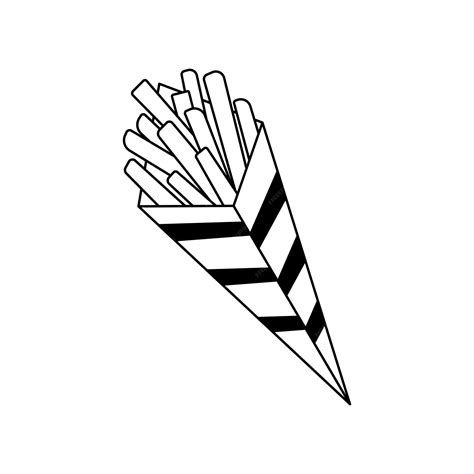 만화 감자 튀김 콘 패스트 푸드 낙서 개요 감자 칩 길거리 음식 개념 라인 아트 스케치 프리미엄 벡터