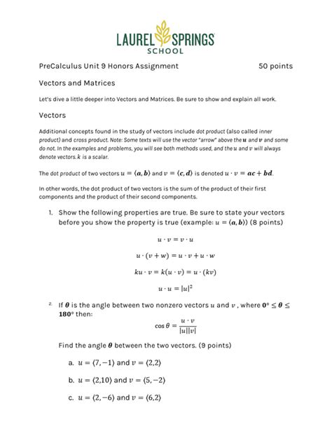 Precalc Unit 9 Honors Assignment Pdf Euclidean Vector