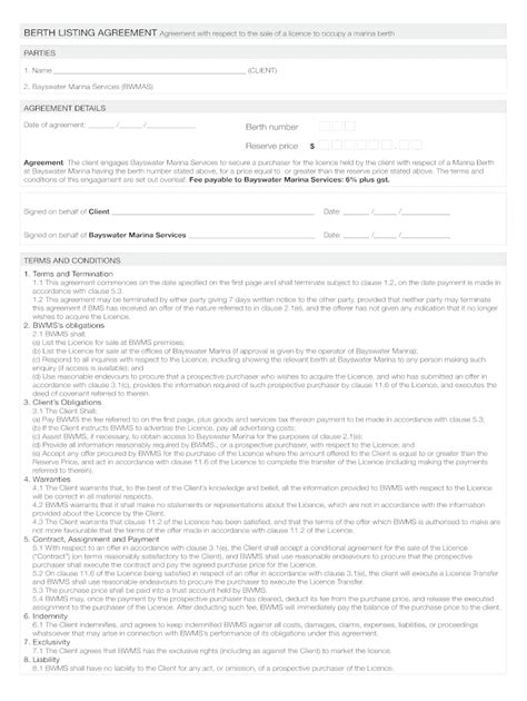 Berth Listing Agreement Indd Bayswater Marina Form Fill Out And Sign