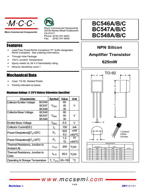 Bc547a B C Bc548a B C Bc546a B C Mccsemi Pdf Transistor Bipolar Junction Transistor